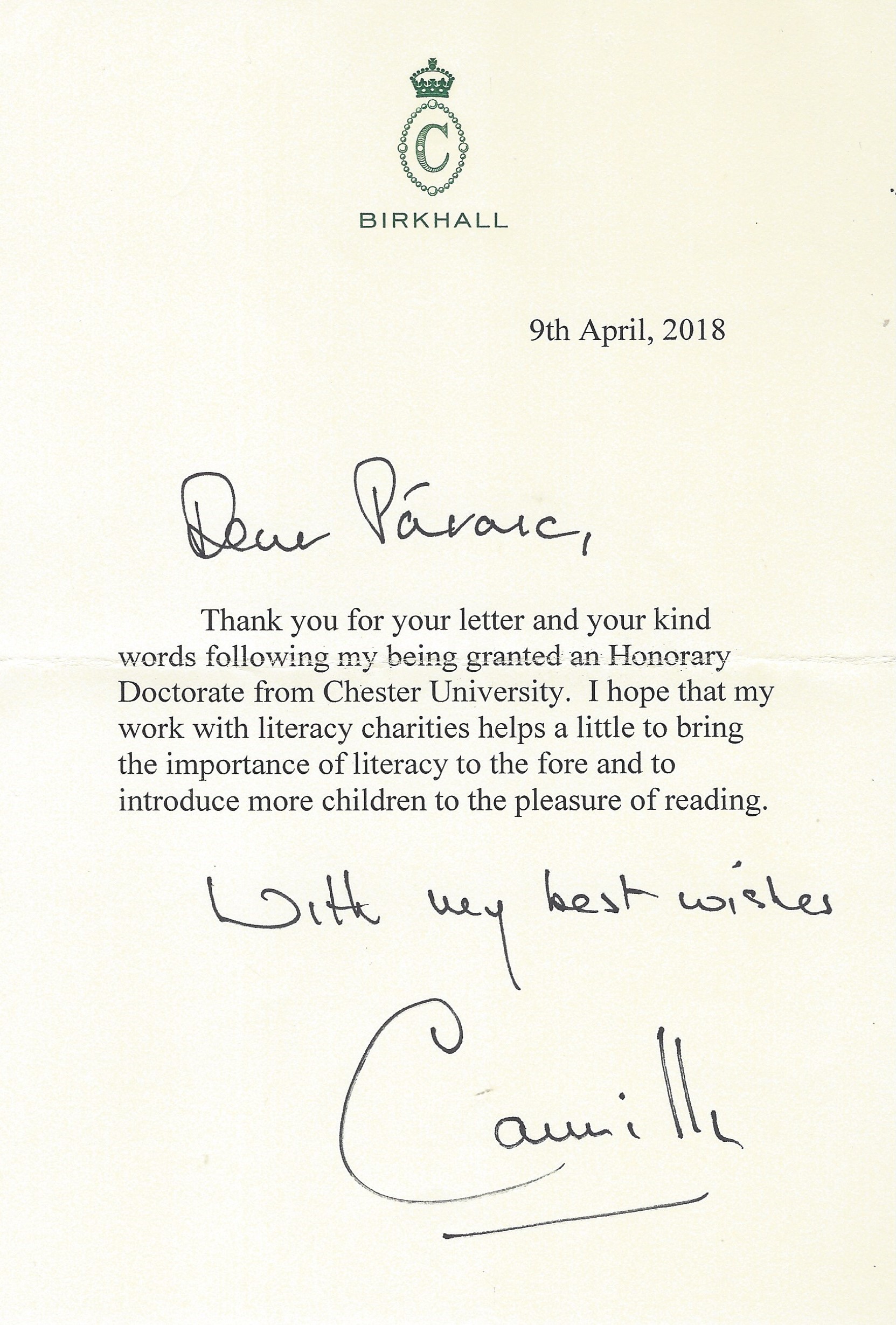 Hand signed Letter Duchess of Cornwall 9th April 2018 – RoyalResponses