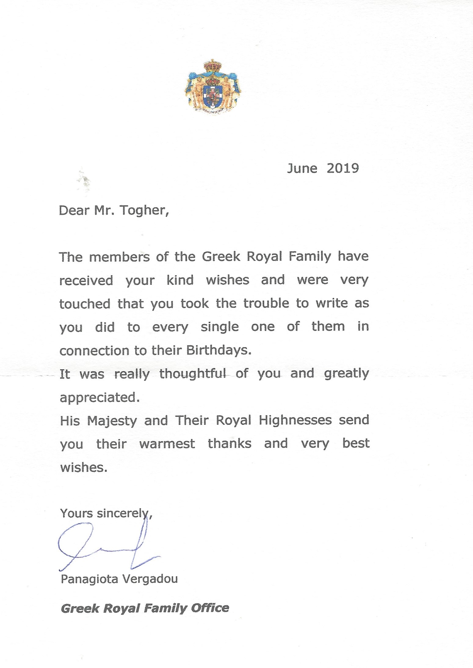 Letter from The Greek Royal Family – RoyalResponses