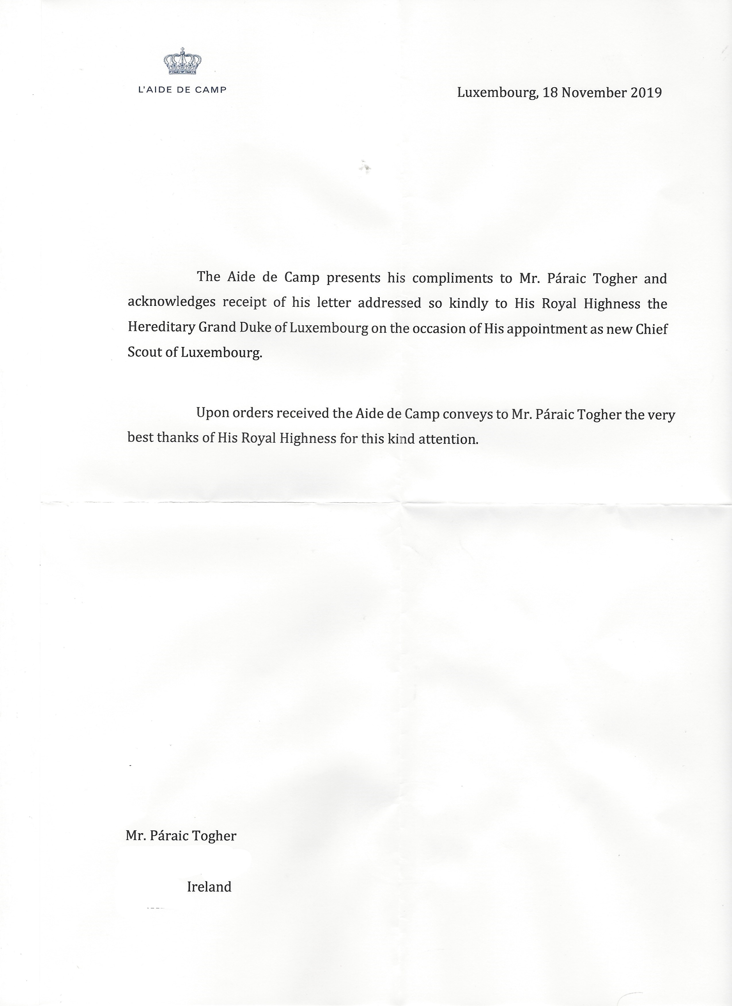 Hereditary Grand Duke of Luxembourg Scout Letter – RoyalResponses