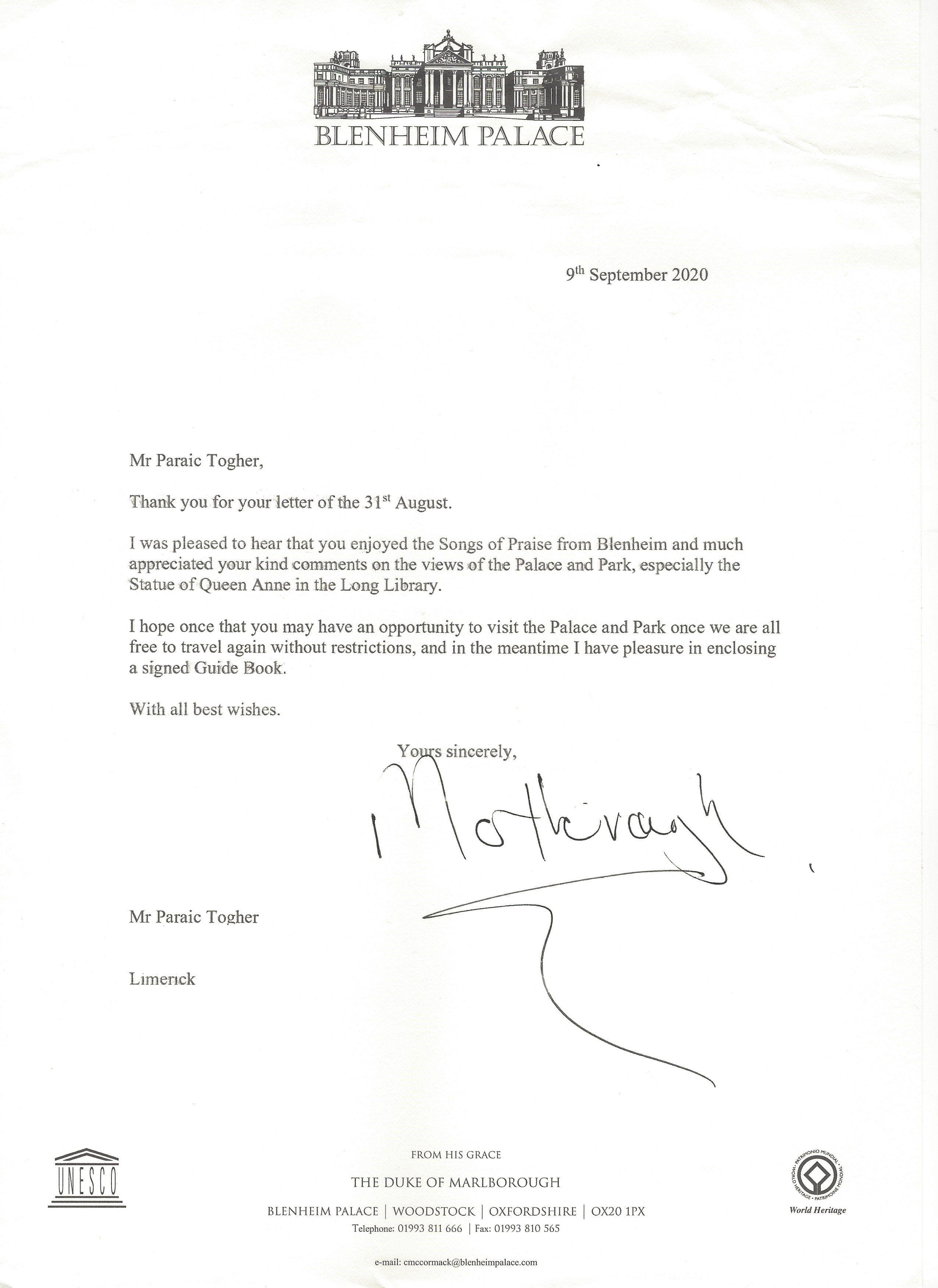 Letter from James Spencer-Churchill, The 12th Duke of Marlborough ...