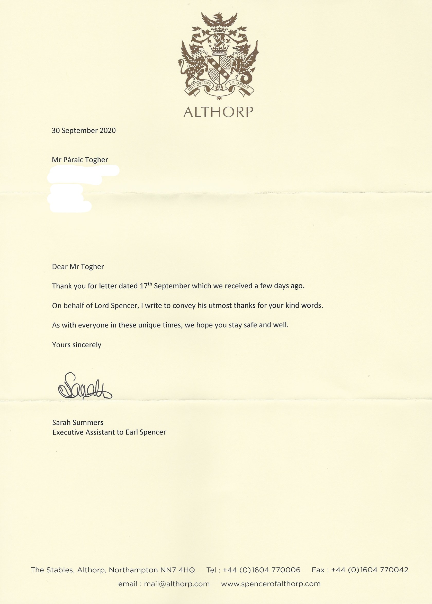 Charles Spencer, The 9th Earl Spencer Letter – RoyalResponses