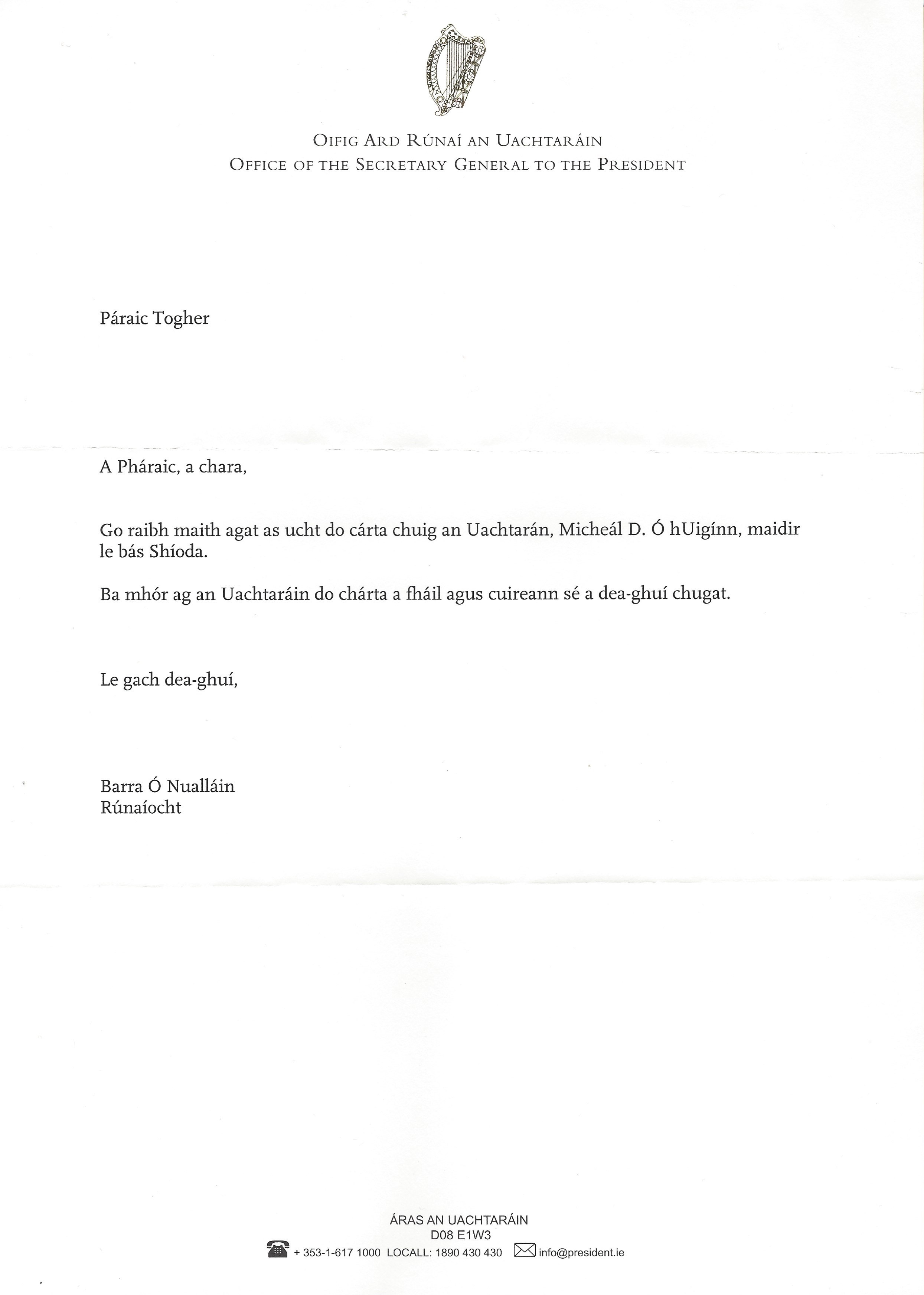 Michael D. Higgins The President of Ireland Letter on the passing of ...