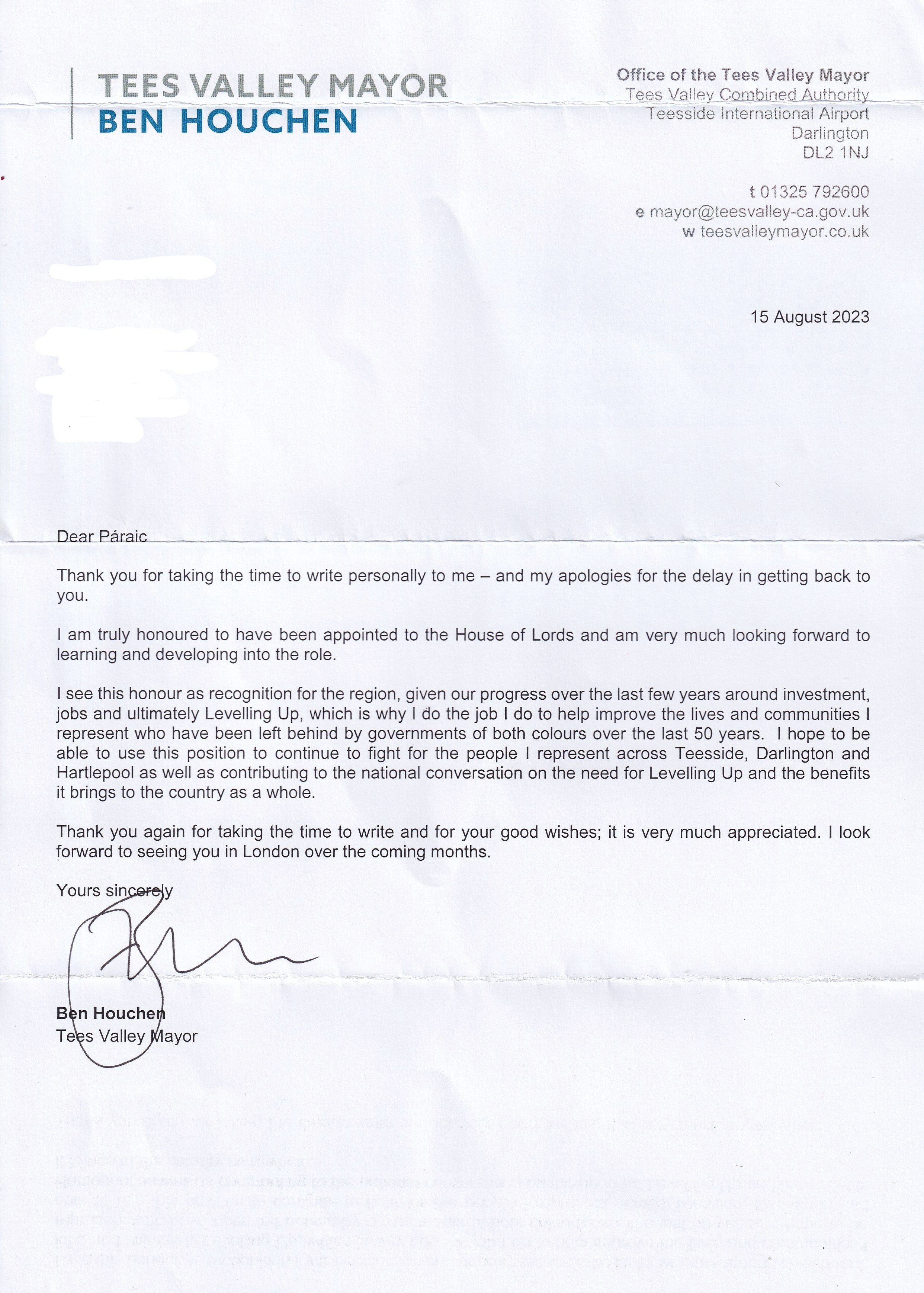 Ben Houchen, Baron Houchen of High Leven Appointment to The House of ...