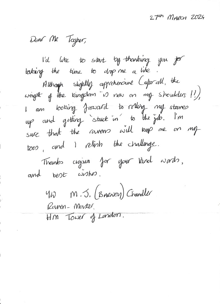 Letter from Yeoman Warder M.J. Chandler, Ravenmaster at The Tower of ...