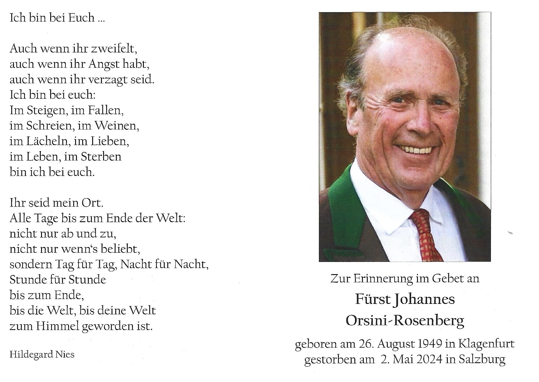 Passing of Johannes, The 7th Prince zu Orsini und Rosenberg ...