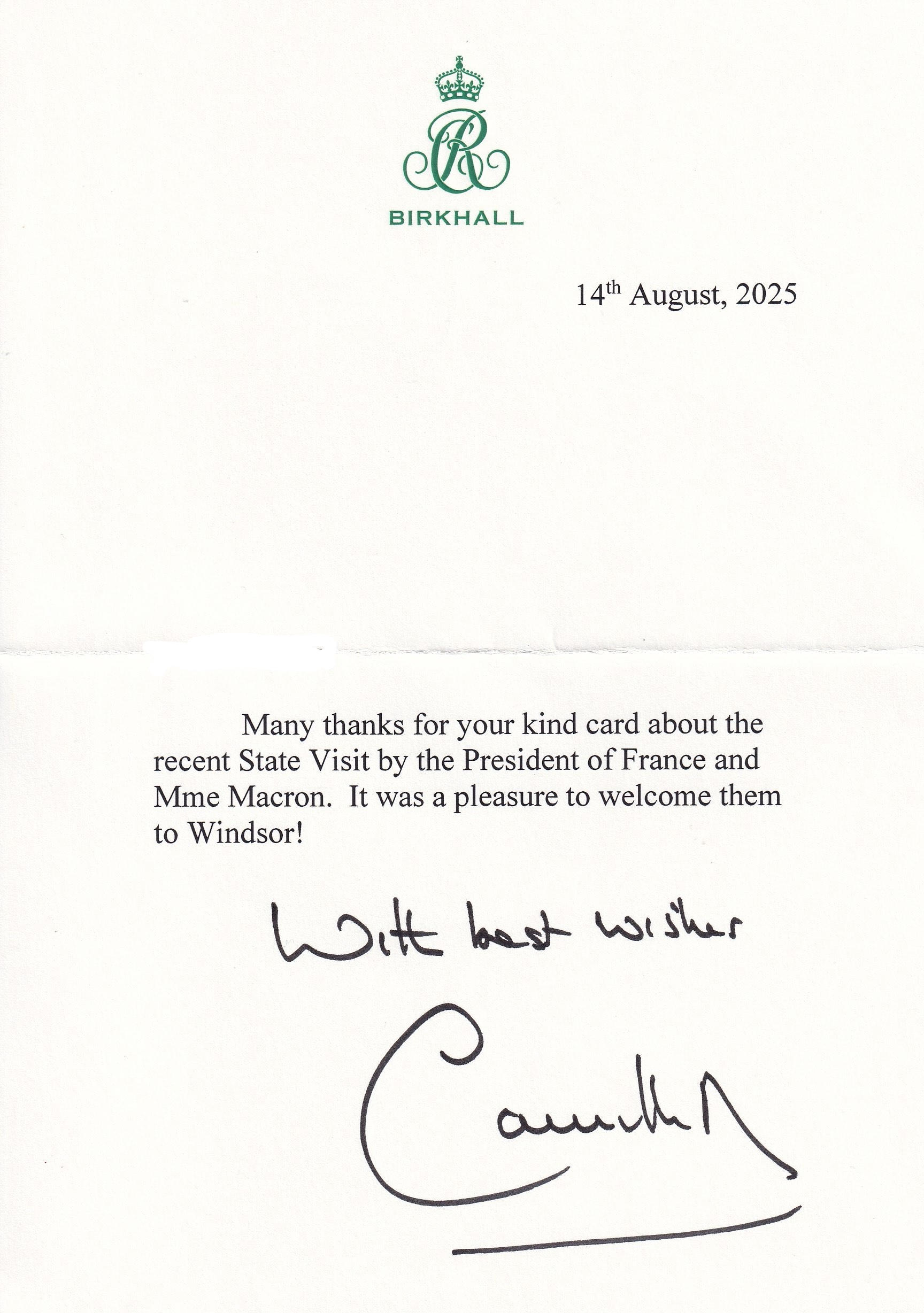 Letter from Camilla, The Queen of The United Kingdom; State Visit by ...